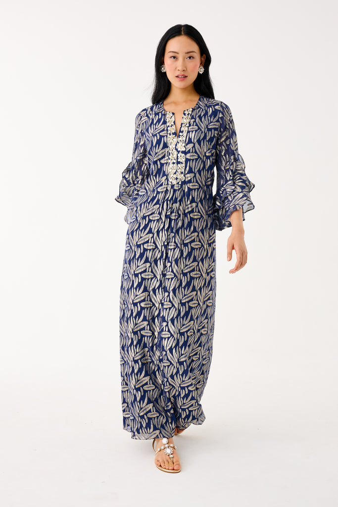 Bellina Silk Maxi Caftan - Low Tide Navy Leafy Babe Metallic Silk Clip ...